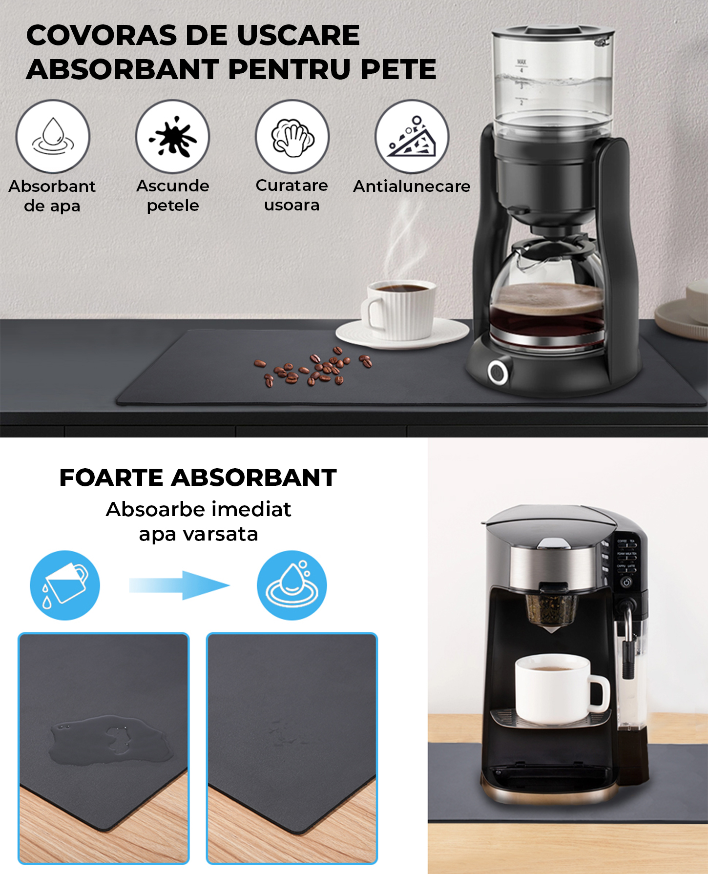 Covoras Multifunctional Absorbant Elindor®, din Piele PU, Diatomit si ...